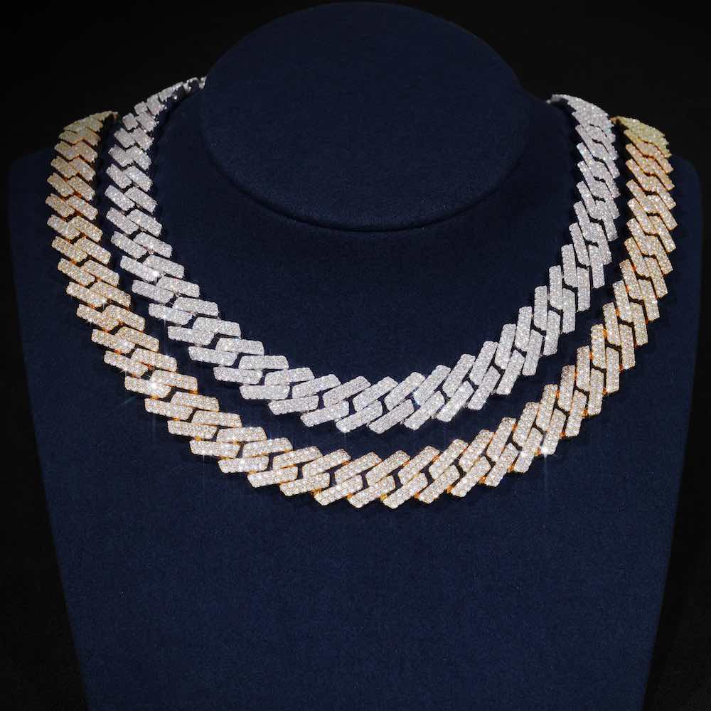 15mm 2 Row Moissanite Cuban Link Chain 14K White Gold Ice Cartel