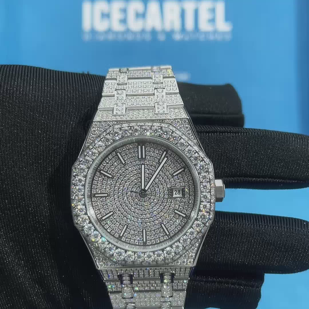 Moissanite Skeleton Watch | 42MM | 14K White Gold | 14.1CT Bust Down
